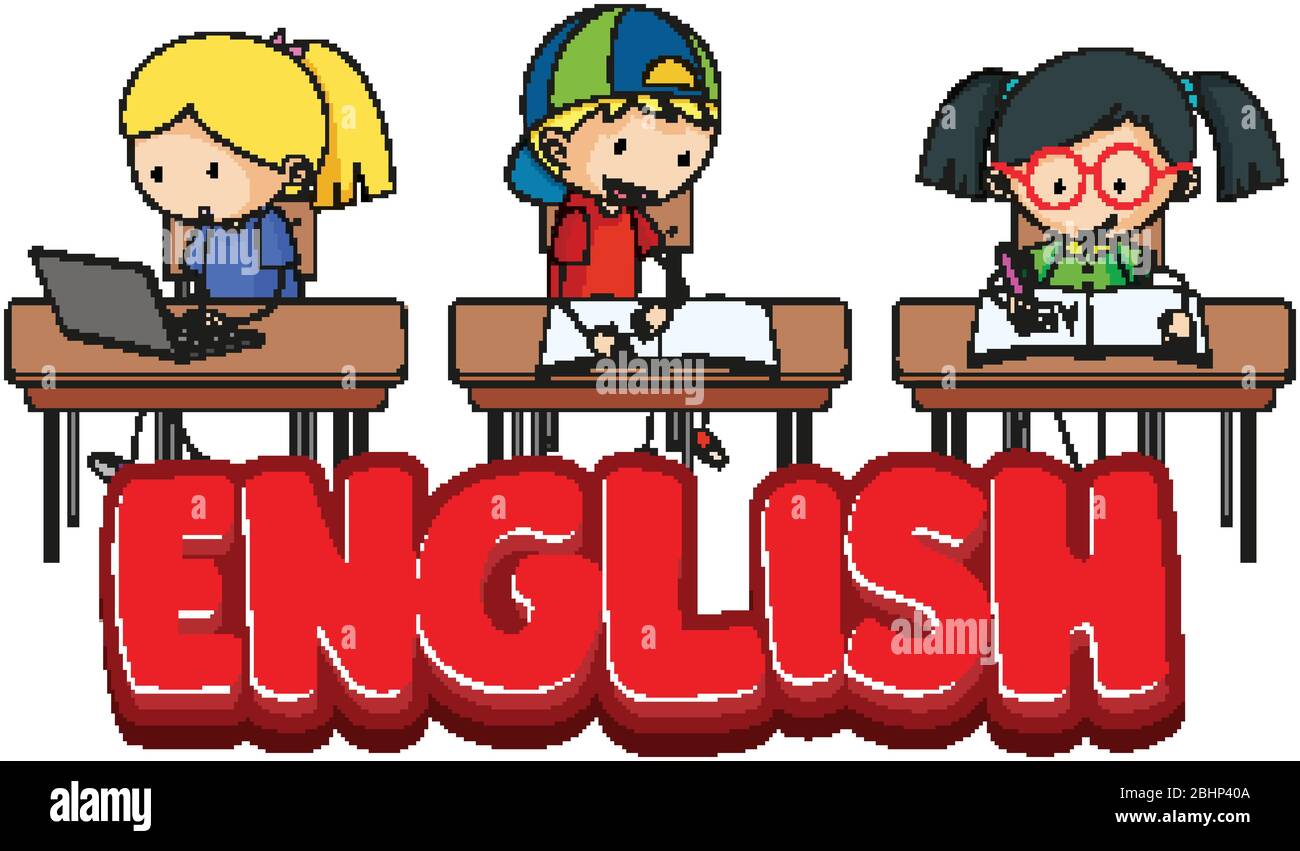 Font design for word english with students in classroom illustration ...