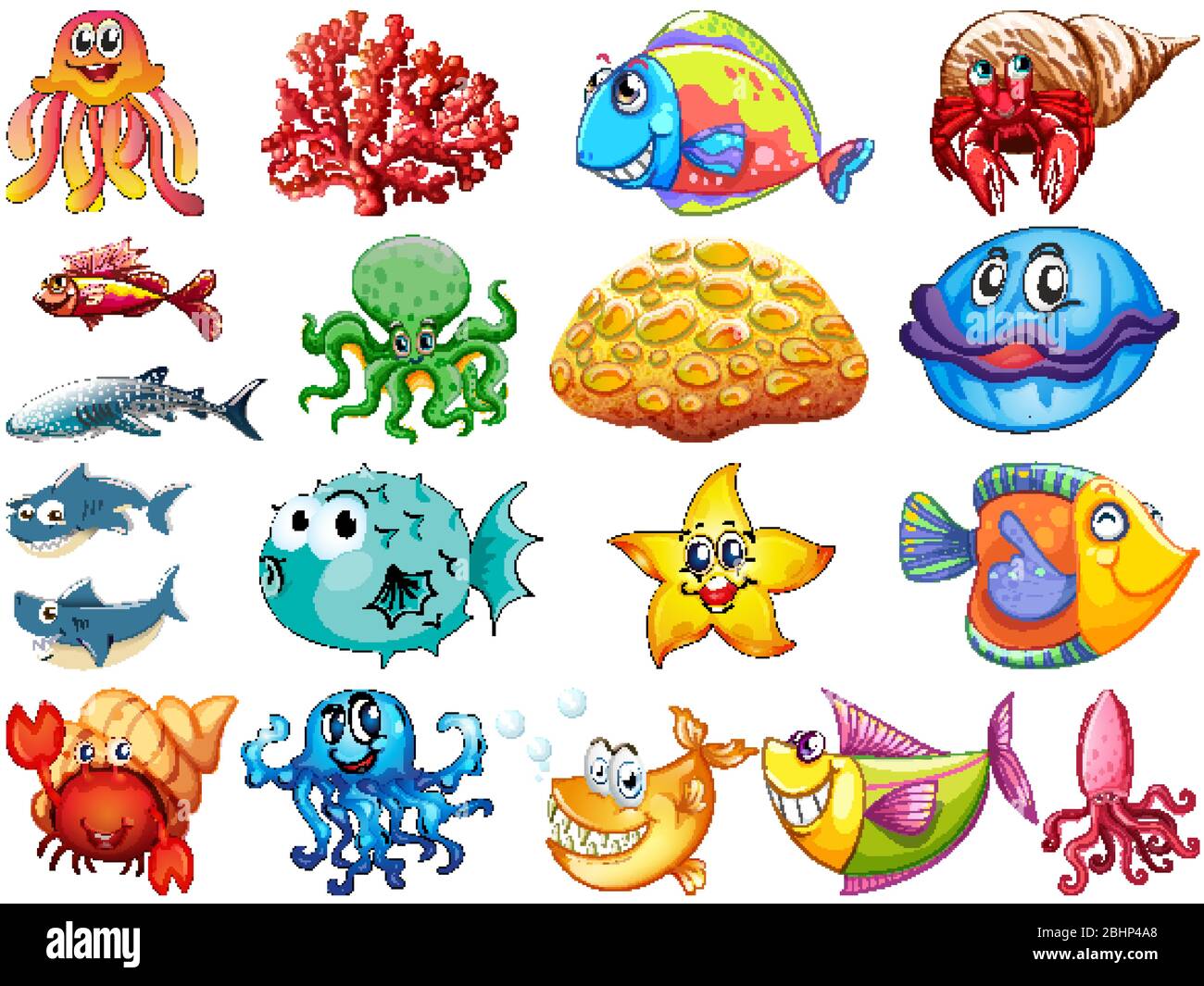 Large set of many sea creatures on white background illustration Stock ...
