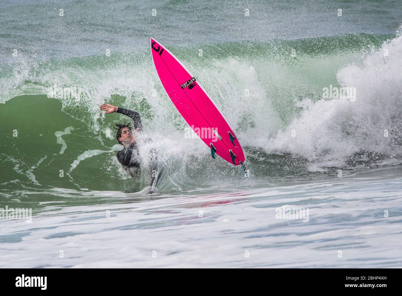 Wild spectacular surfing action at Fistral in Newquay in Cornwall Stock ...