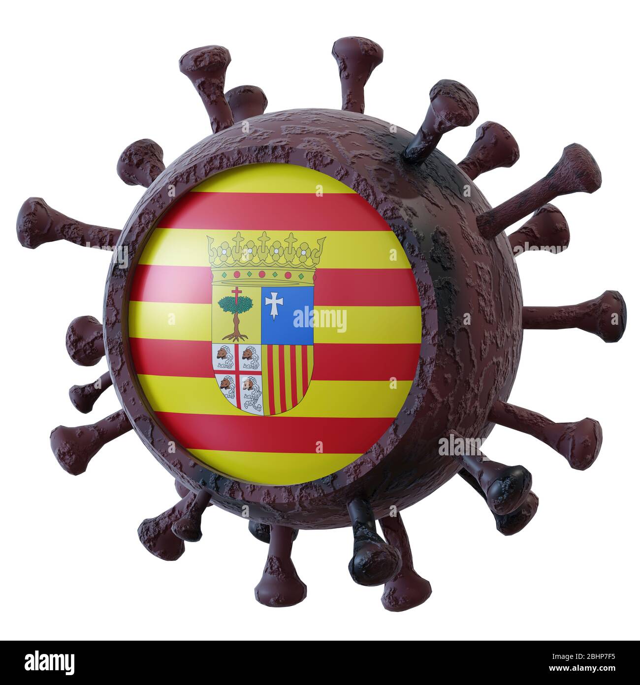 3d rendering of an Aragon Community Spanish flag over a virus covid19 ...