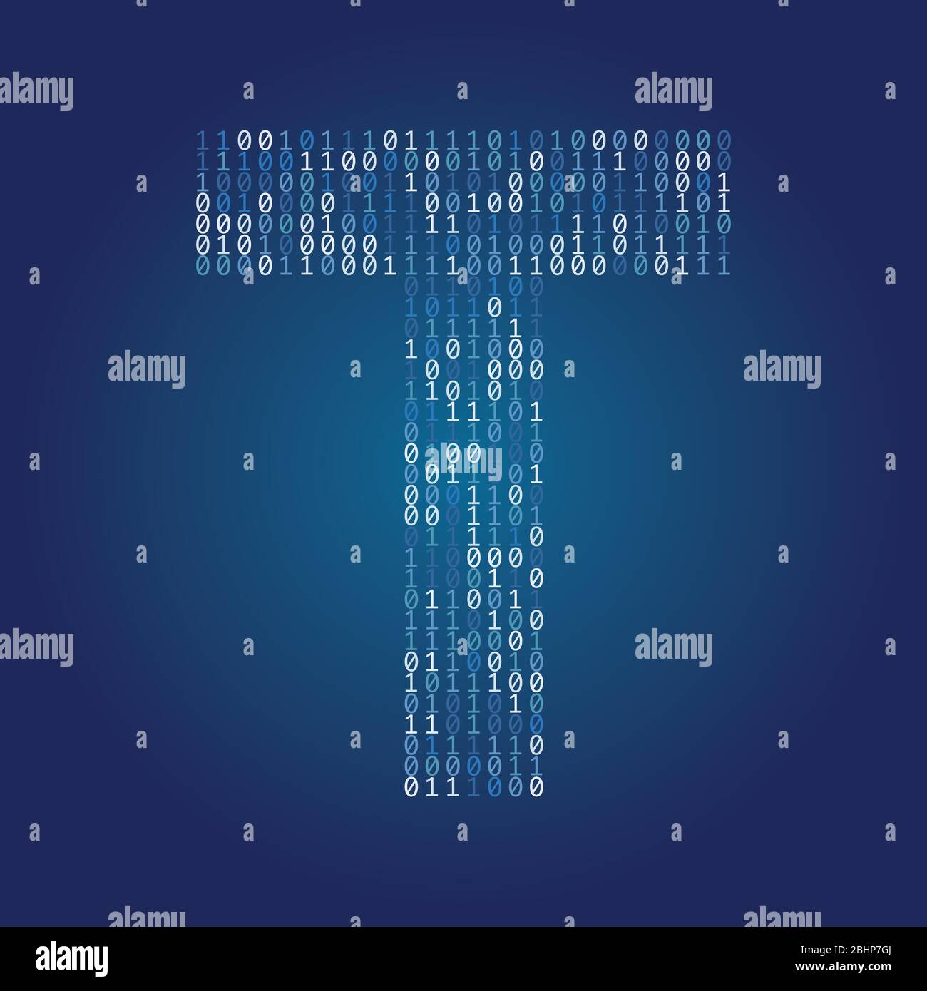 Letter T font made from binary code digits on a dark blue background ...