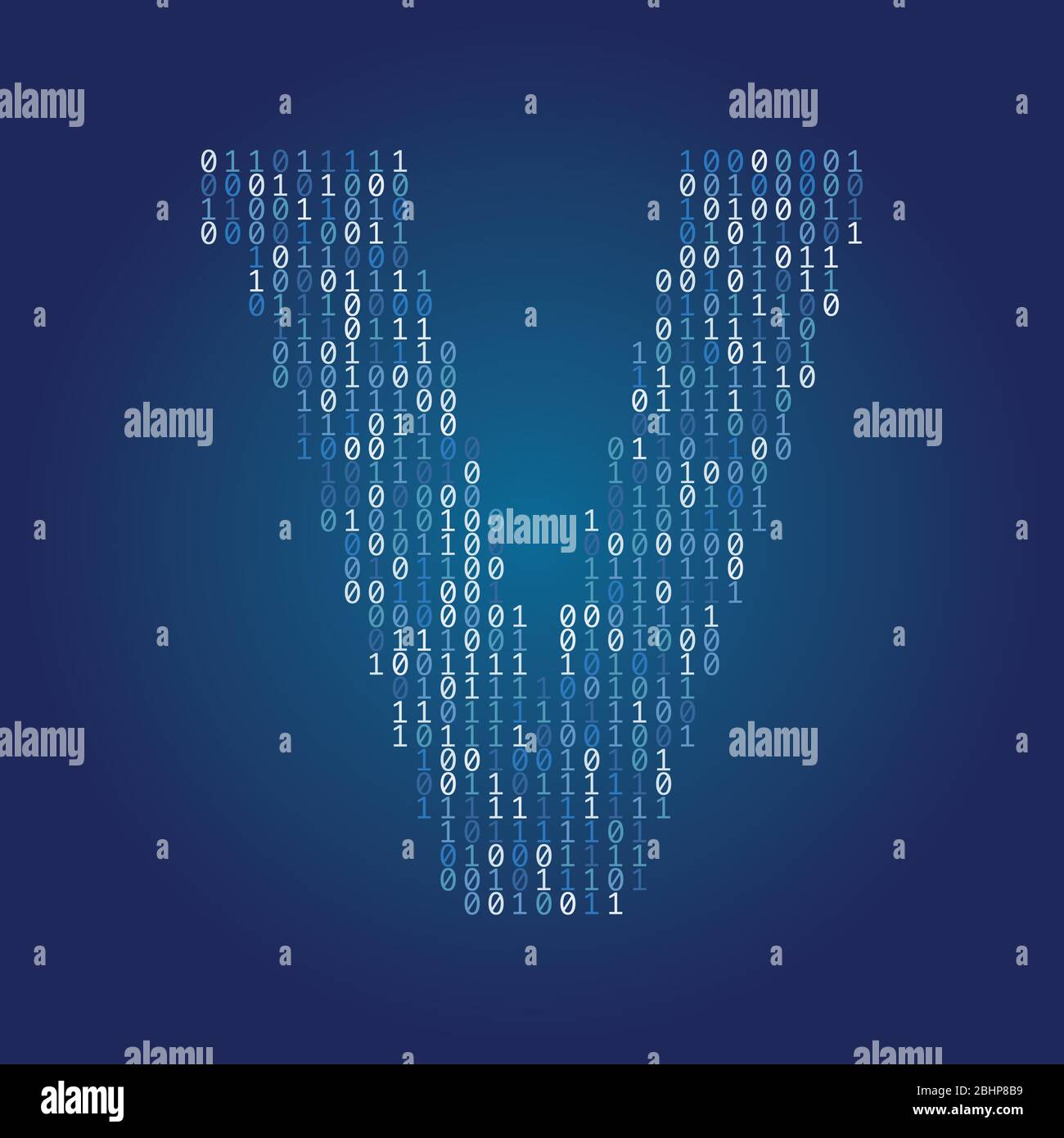 Letter V font made from binary code digits on a dark blue background ...