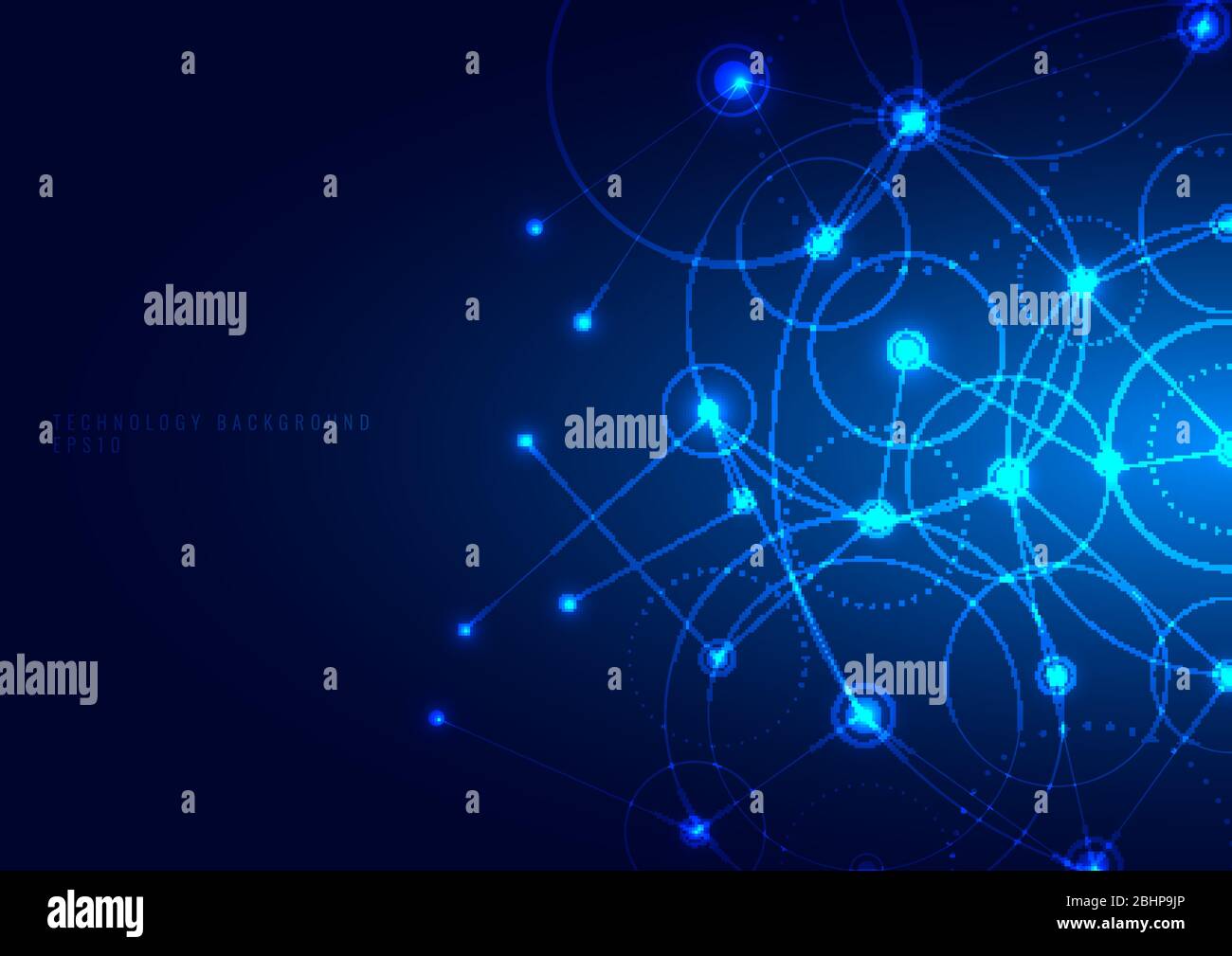 Abstract technology communication with connected geometric circle, line and dot on glowing blue ...