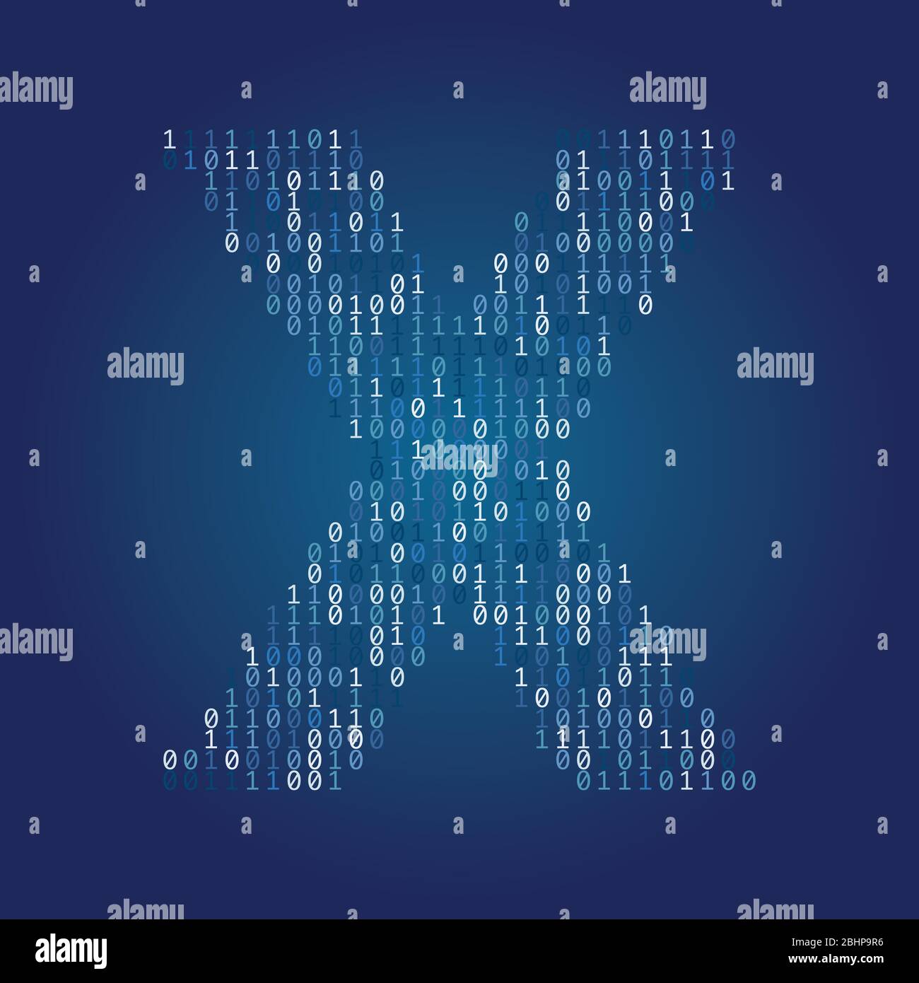 Letter X font made from binary code digits on a dark blue background ...