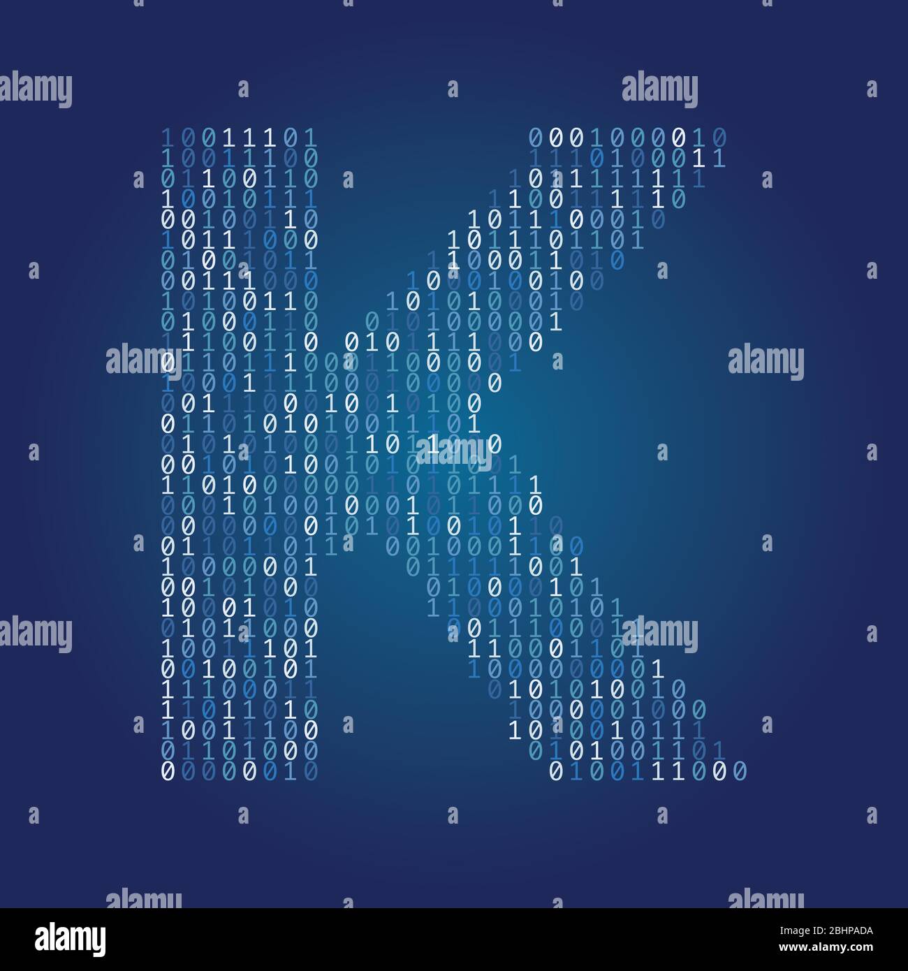 Letter K font made from binary code digits on a dark blue background ...