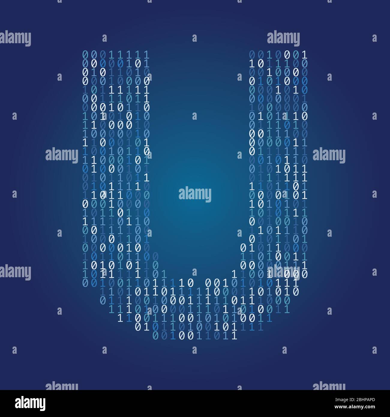 Letter U font made from binary code digits on a dark blue background ...