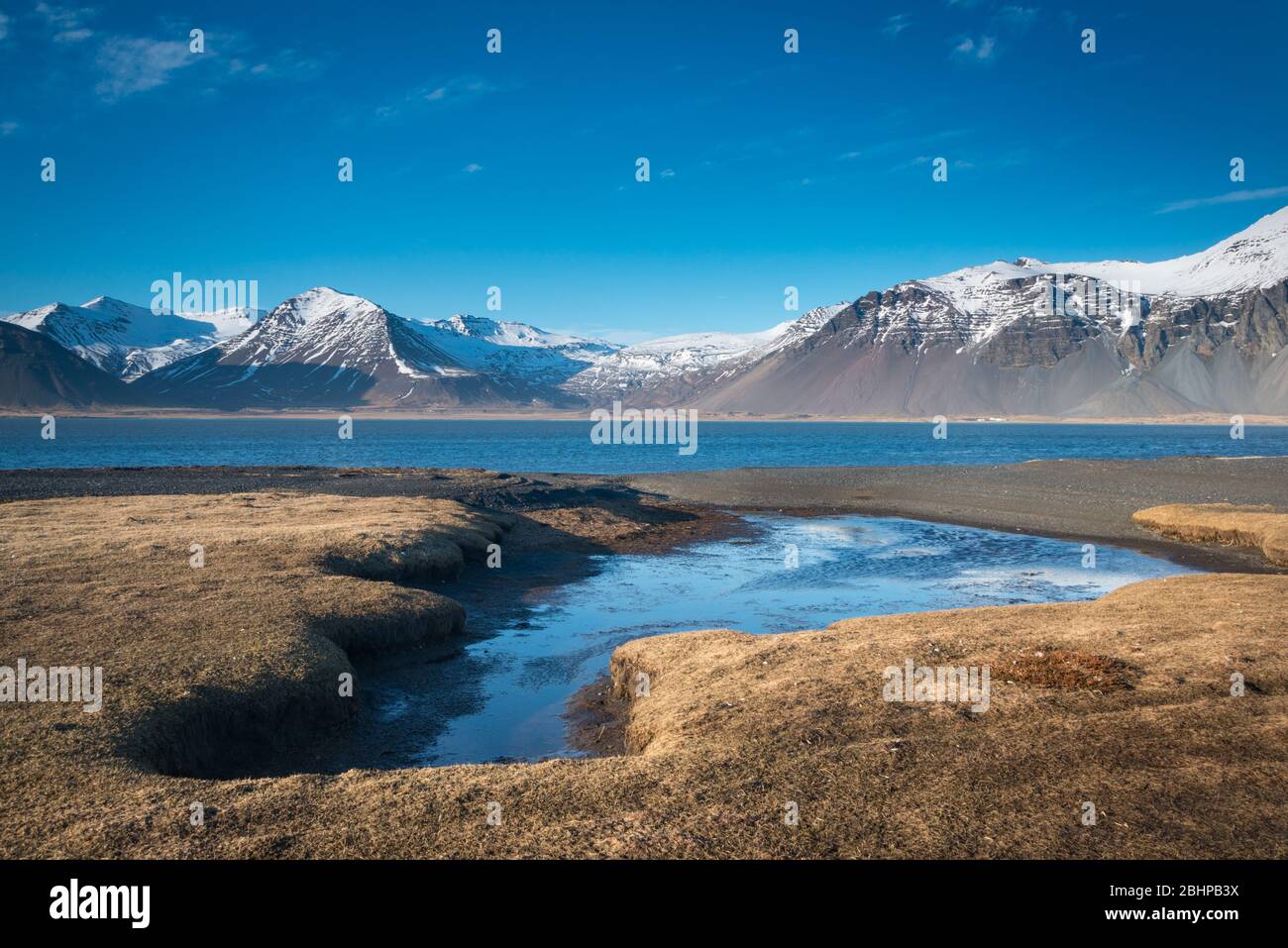 The black sand spit and mountainous backdrop at Eystrahorn, Iceland ...