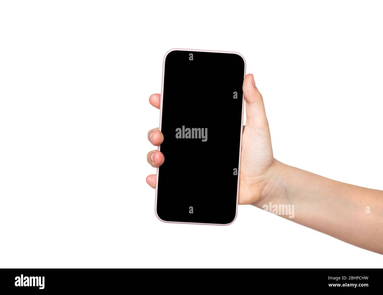 A child holds a phone and shows. Black screen on a white background ...