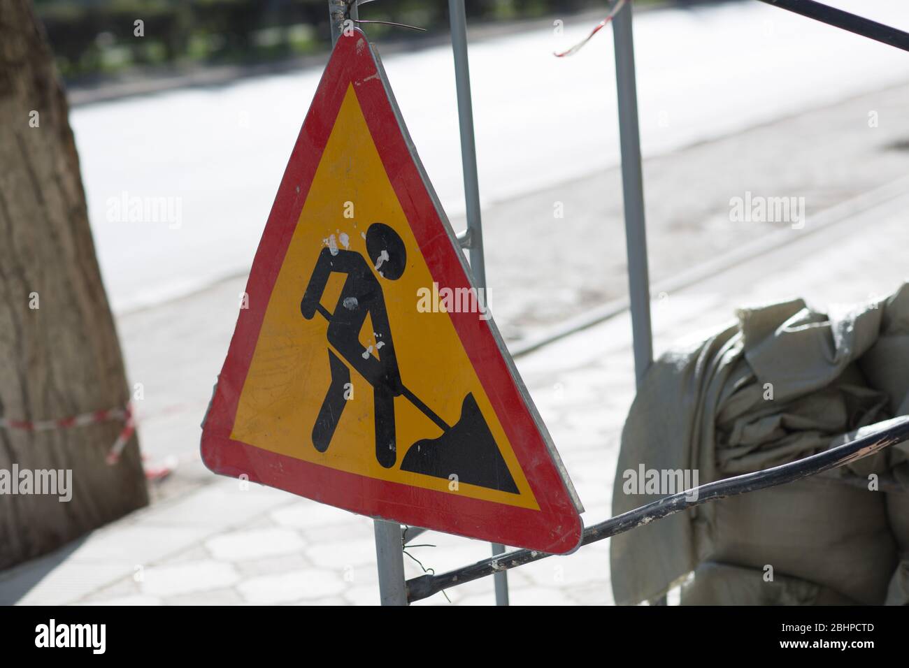 Road sign construction work in city Stock Photo - Alamy