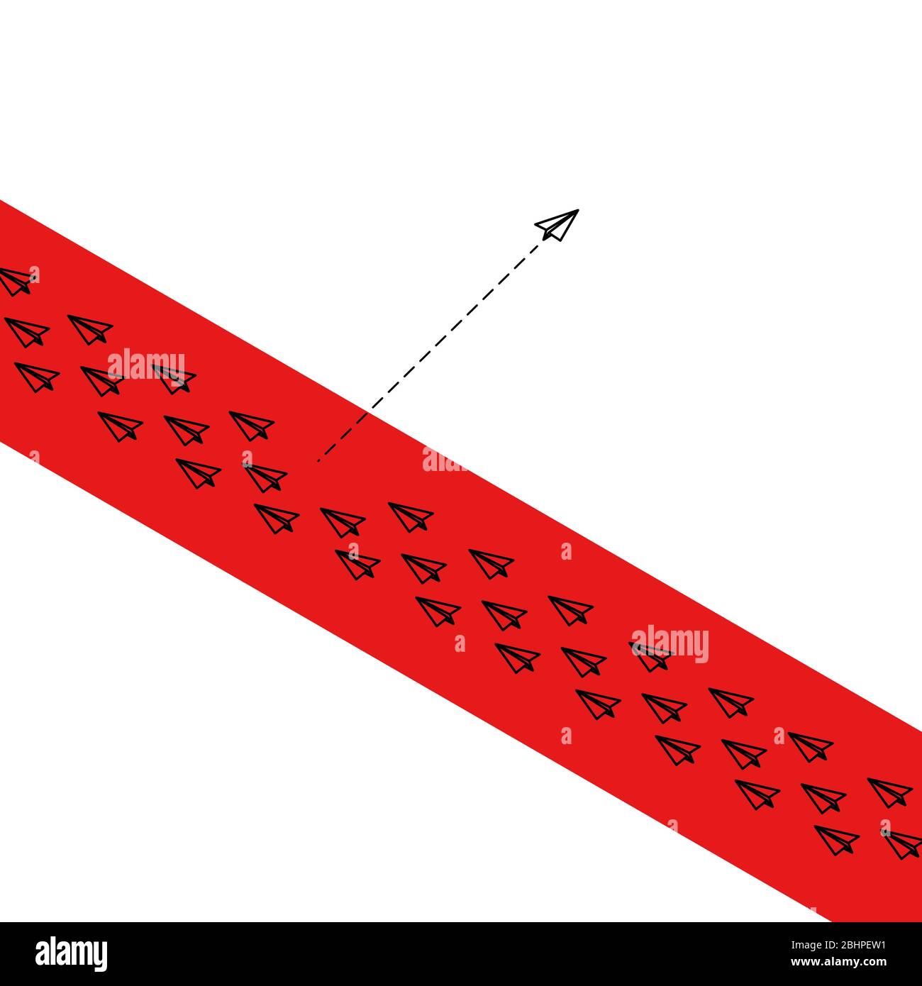 red airplane changing direction and white ones. New idea, change, trend ...