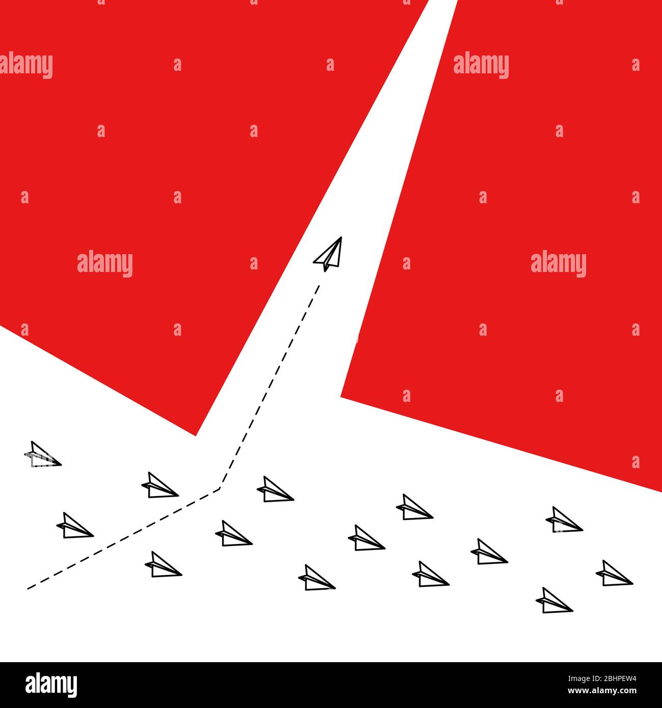 red airplane changing direction and white ones. New idea, change, trend ...