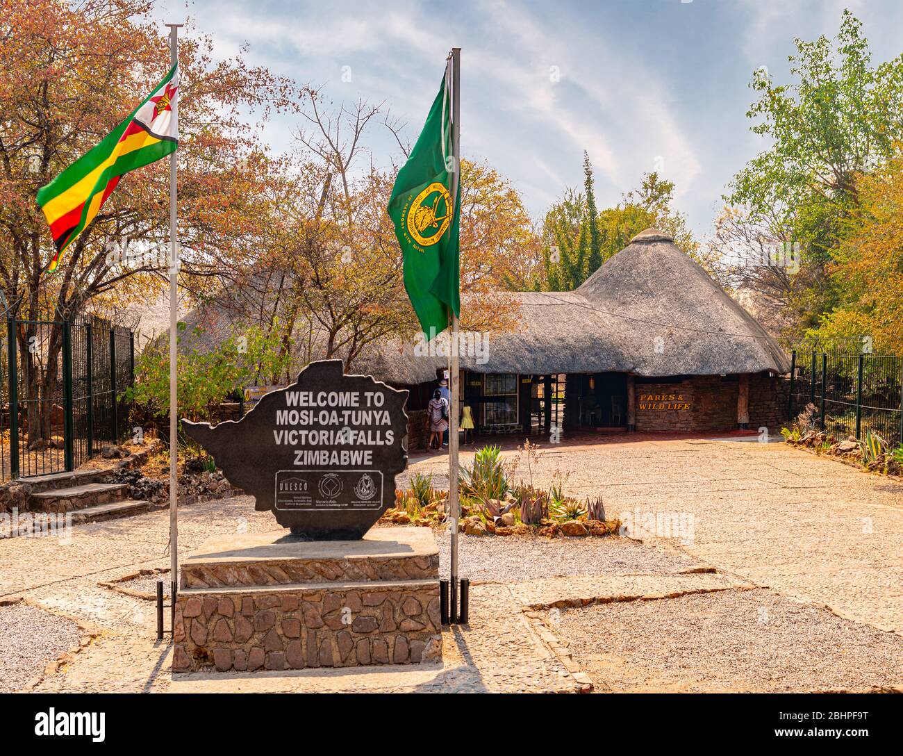 Victoria Falls entrance gate at the Zimbabwe side at dry season Stock ...