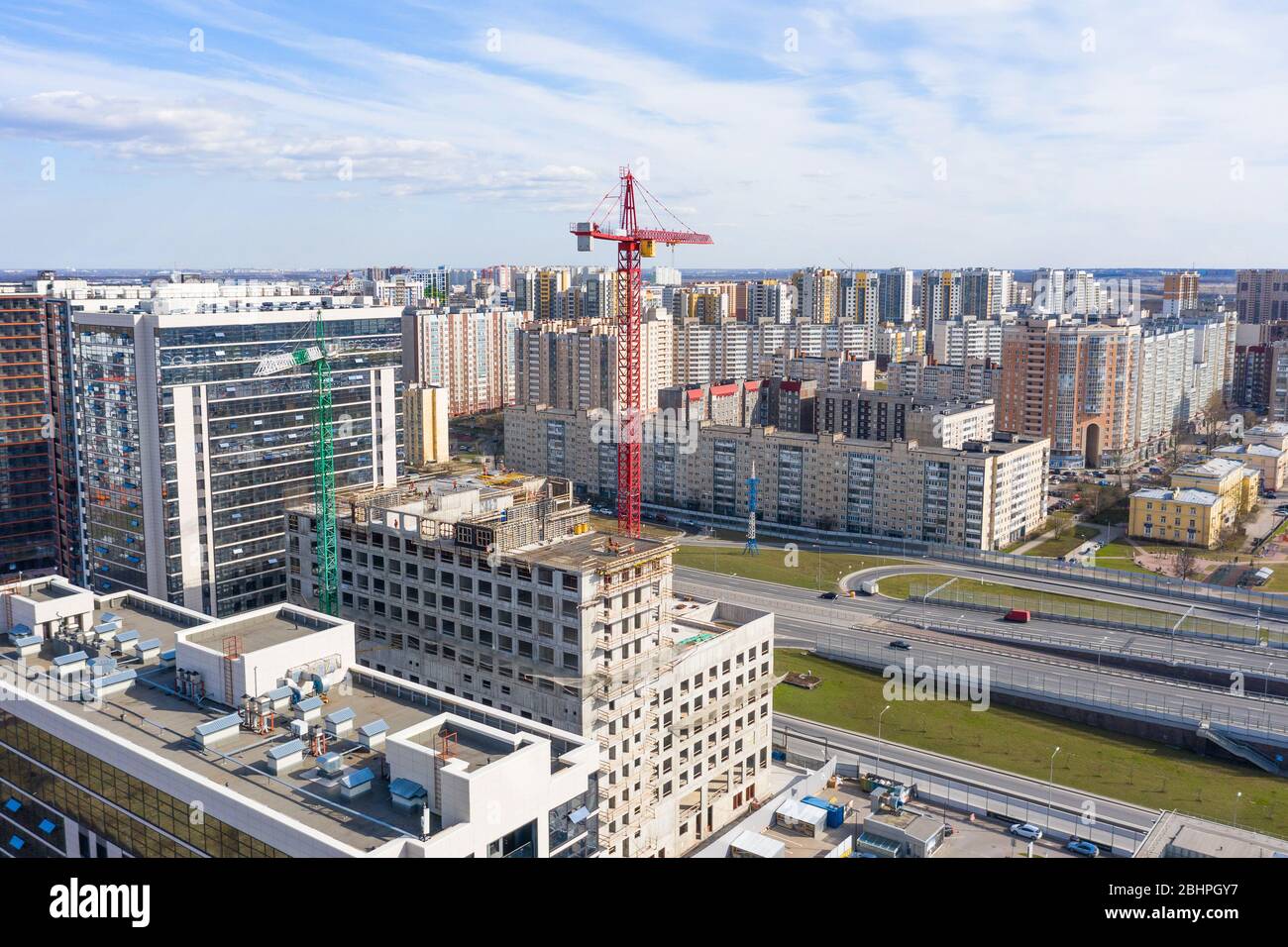 Aerial view of the glass buildings with apartments, a complex of ...