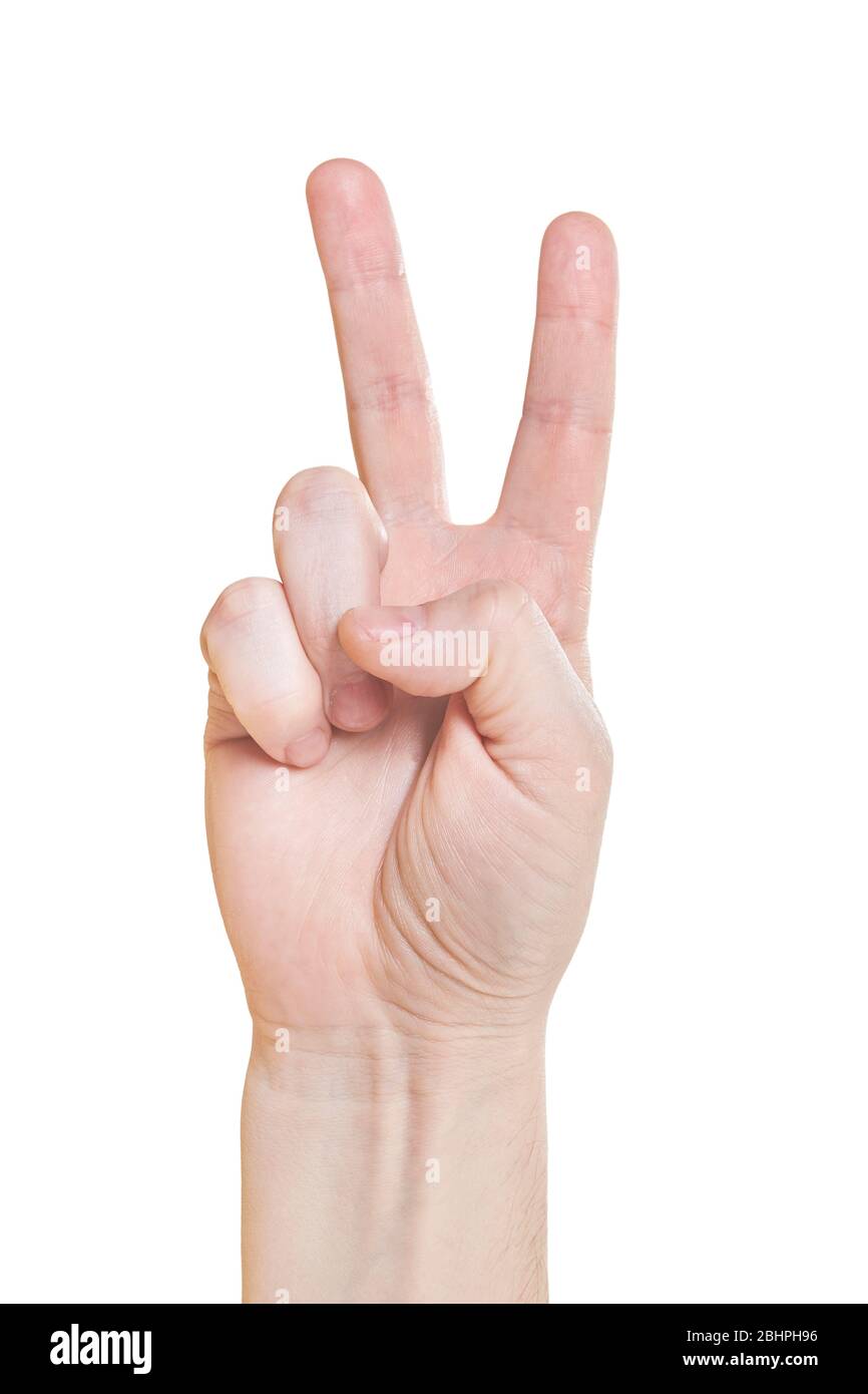Hand showing the sign of victory and peace isolated on white background ...