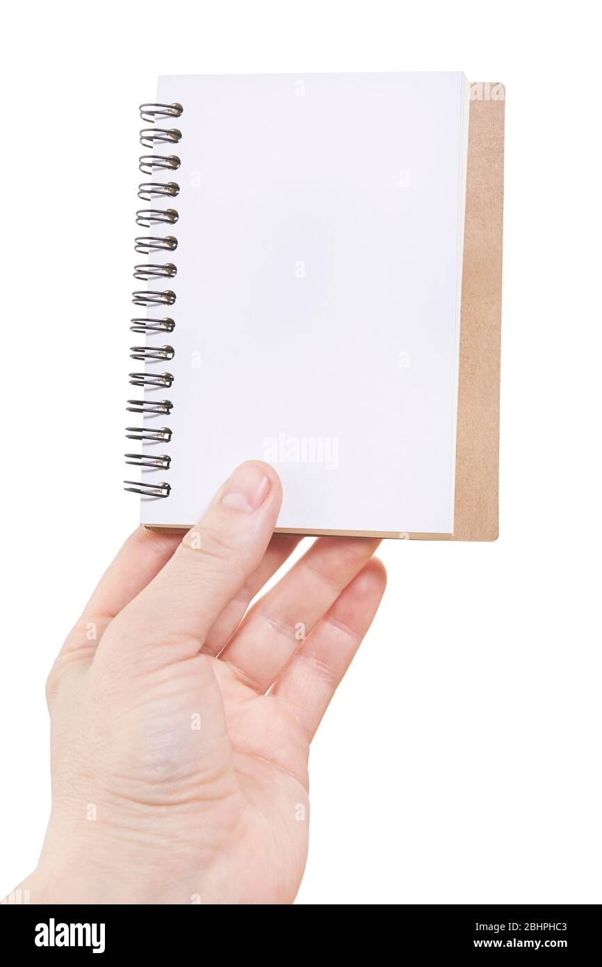 Male hands holding pad of paper isolated on a white background. Close ...