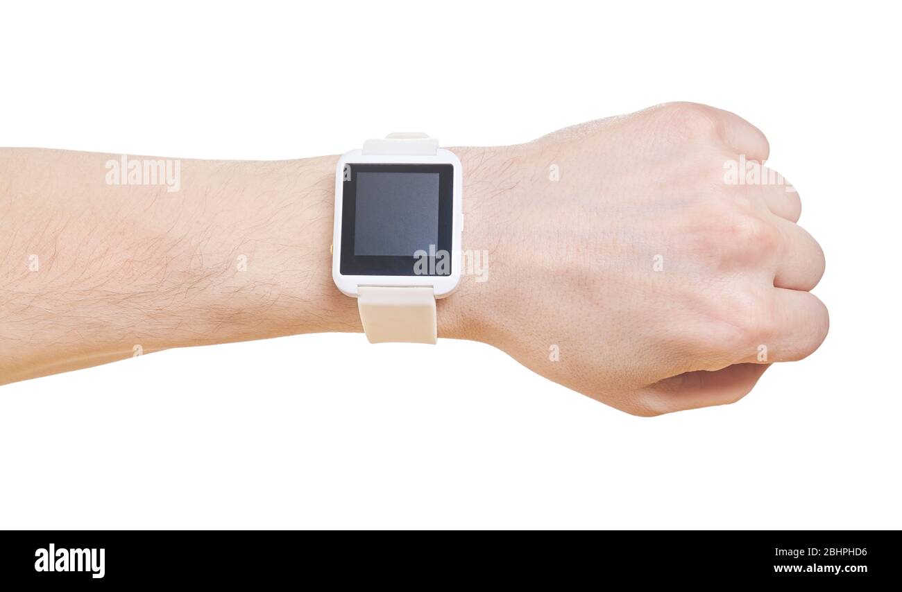 Hand wearing smart watch on isolated white background. Close up Stock ...