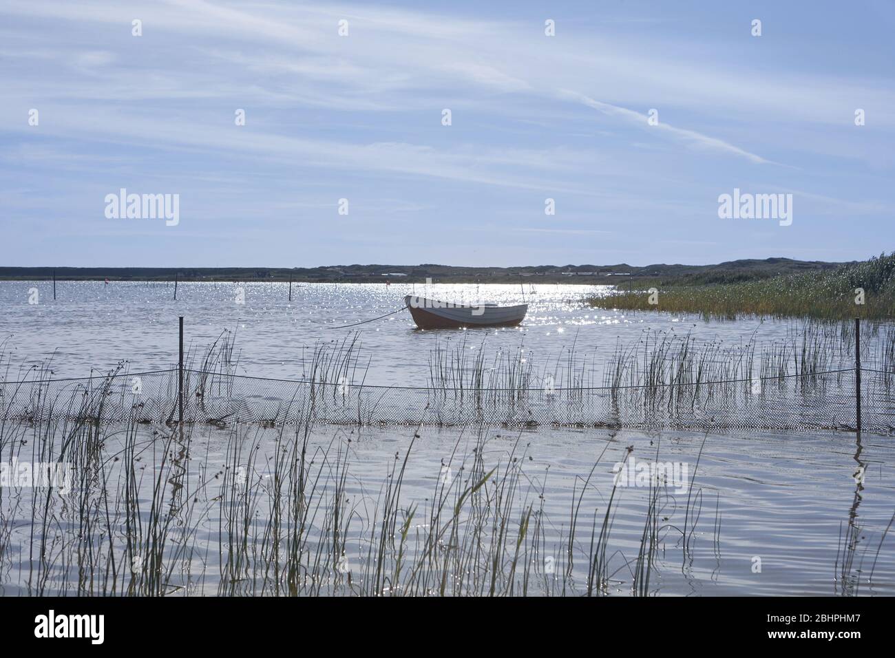 Boat in a blue shimmering sea with aquativ plants and network, in the ...