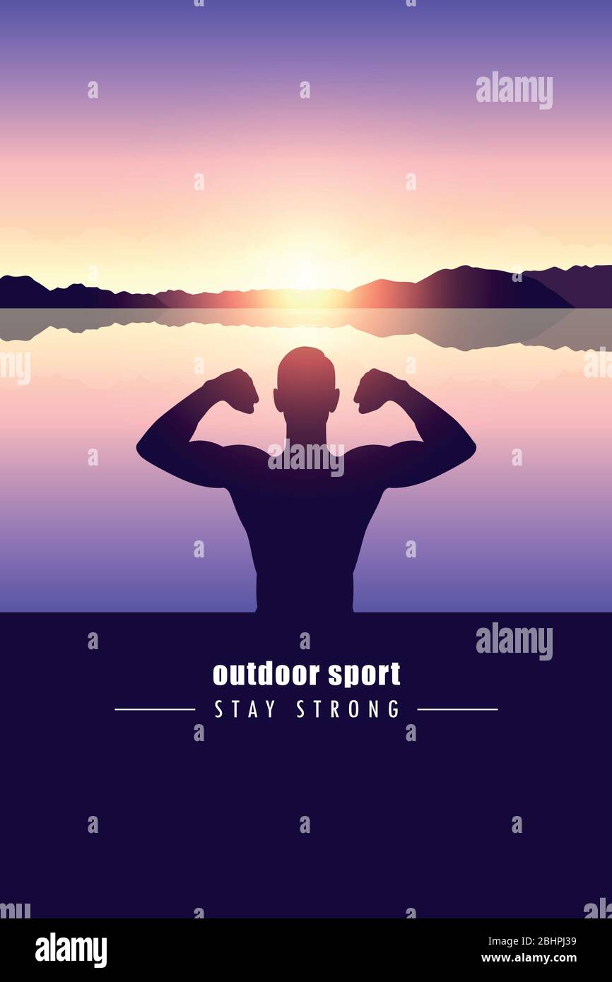 outdoor sport strong man silhouette by the lake with mountain landscape ...