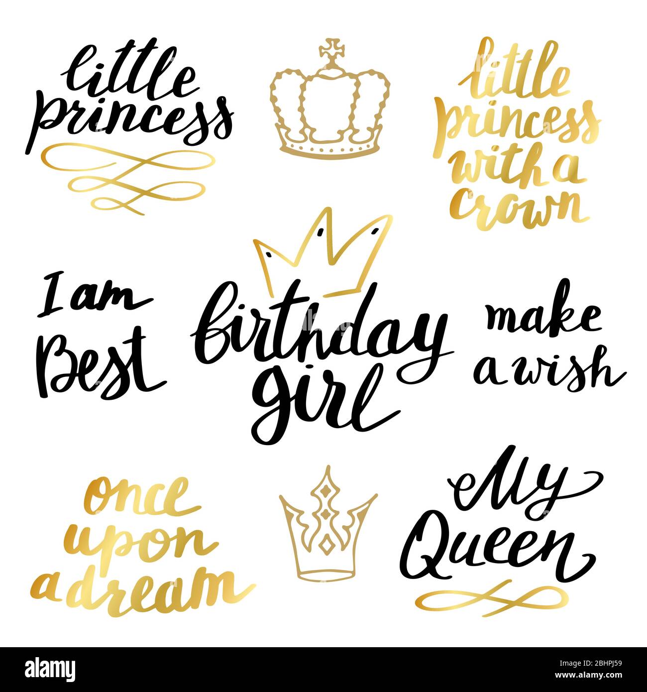 Princess Birthday party text set. Hand drawn doodle Print collection ...