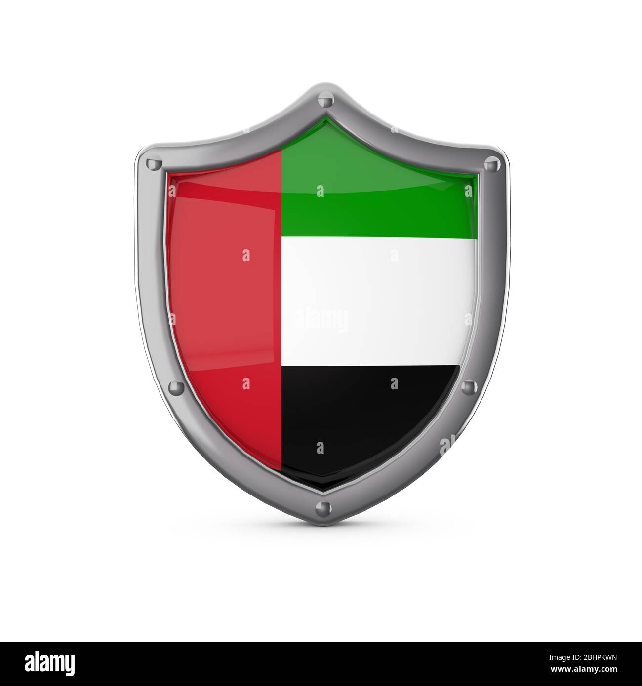 United Arab Emirates security concept. Metal shield shape with national ...