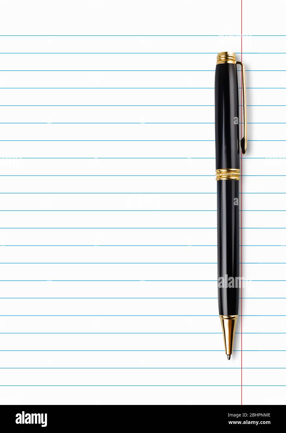 Realistic copybook page with black and gold pen. Paper background ...