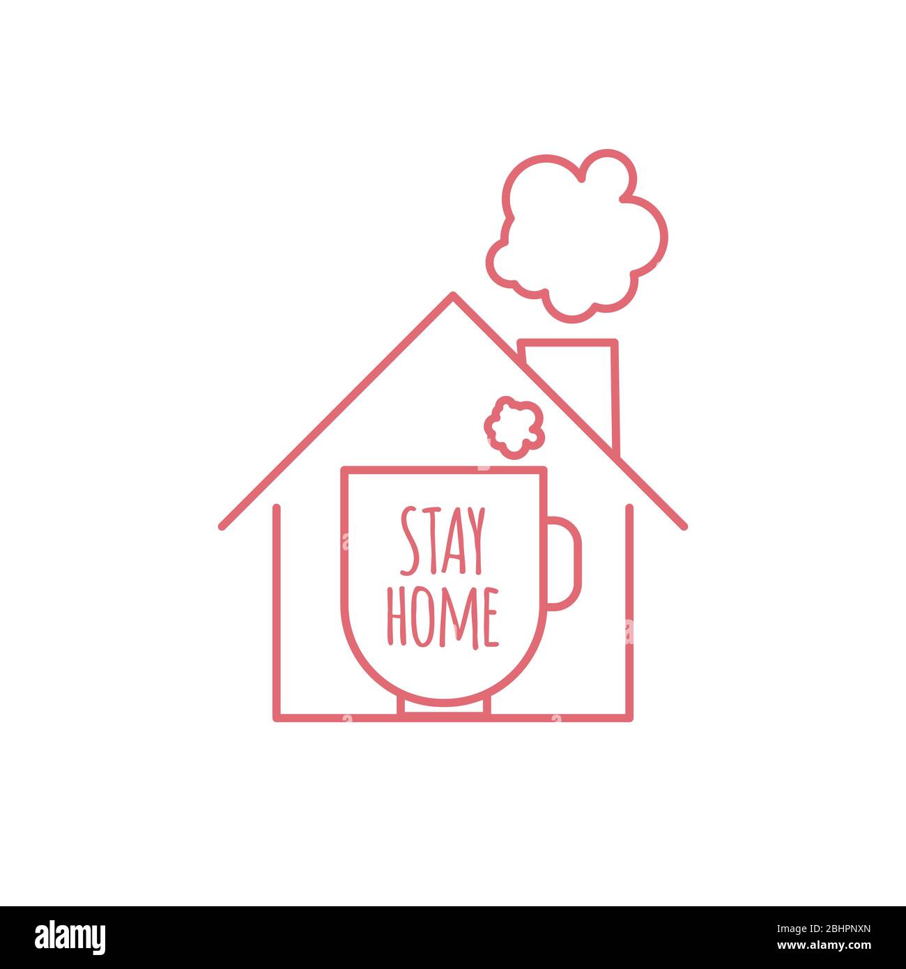 Stay home icon with house and cup of coffee or tea. Vector minimal line ...