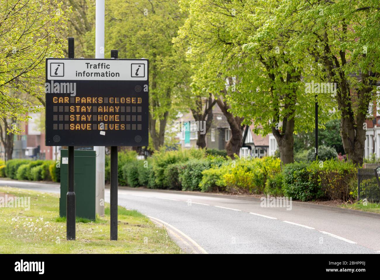 Car parks closed, stay away, stay home, save lives, matrix sign during ...