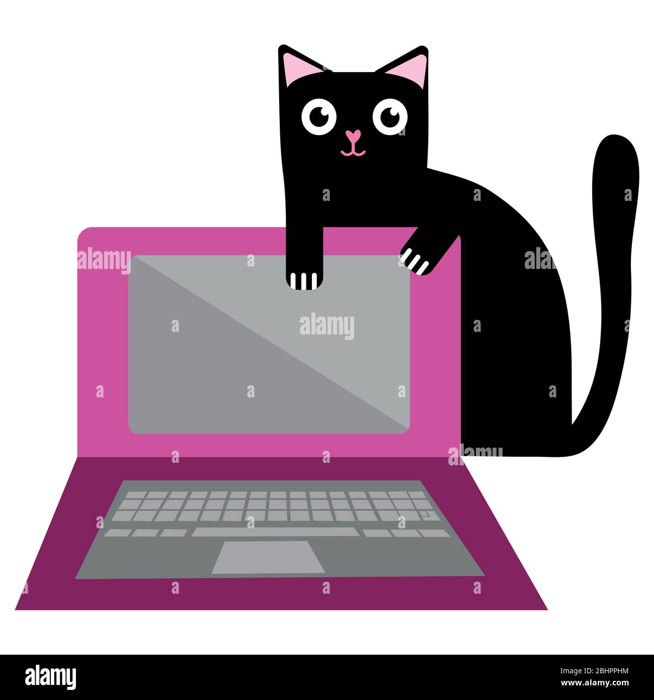 Cute cartoon pet cat and laptop vector illustration. Cheeky black kitty ...