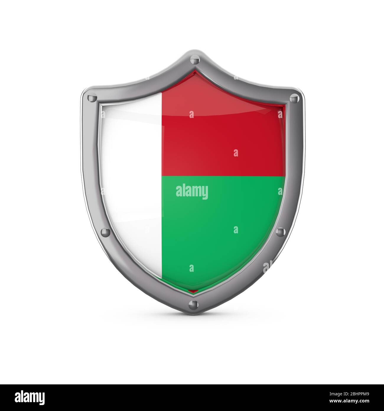 Madagascar security concept. Metal shield shape with national flag ...
