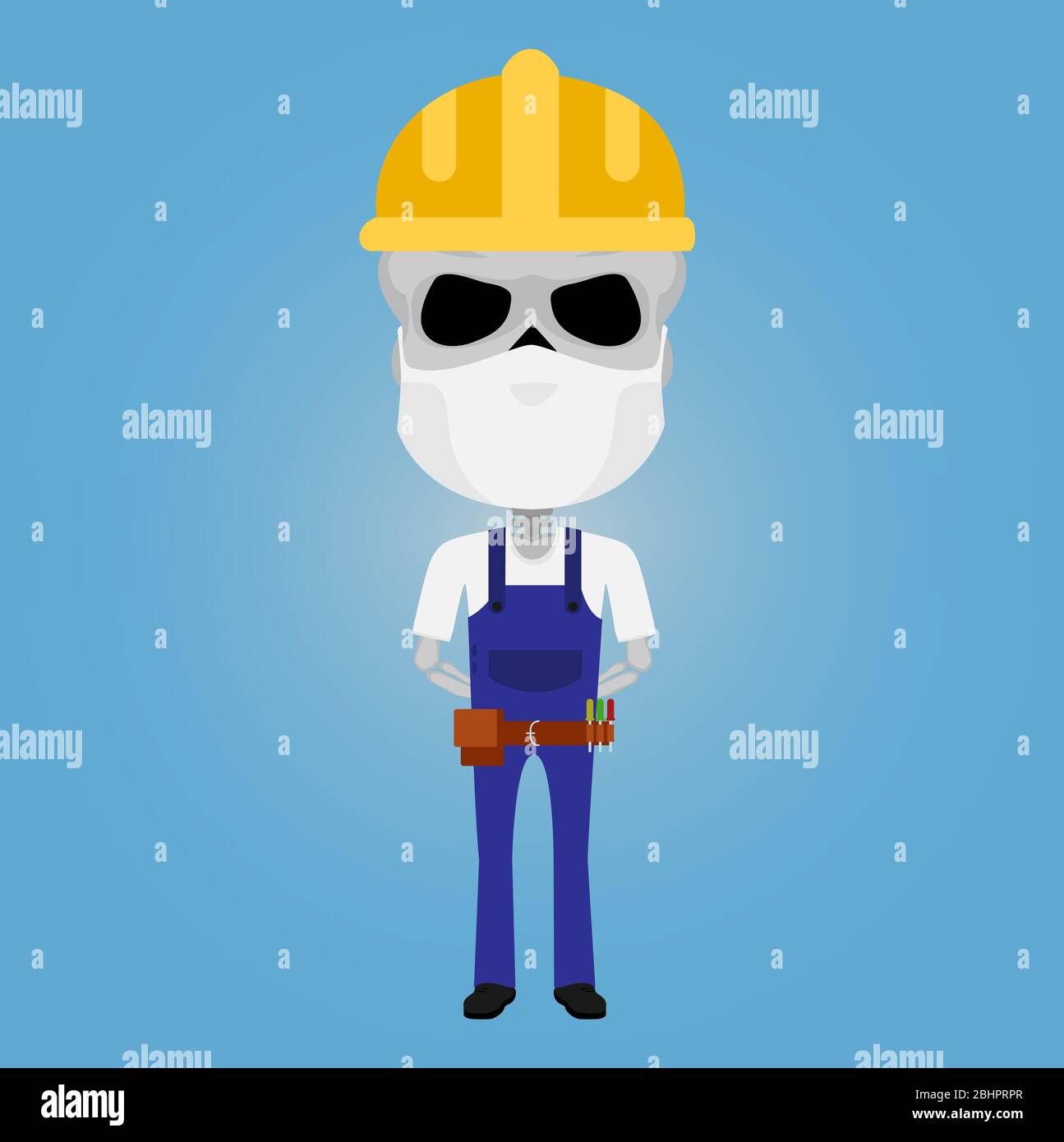 Skeleton builder with hygiene mash yellow helmet blue overalls and ...