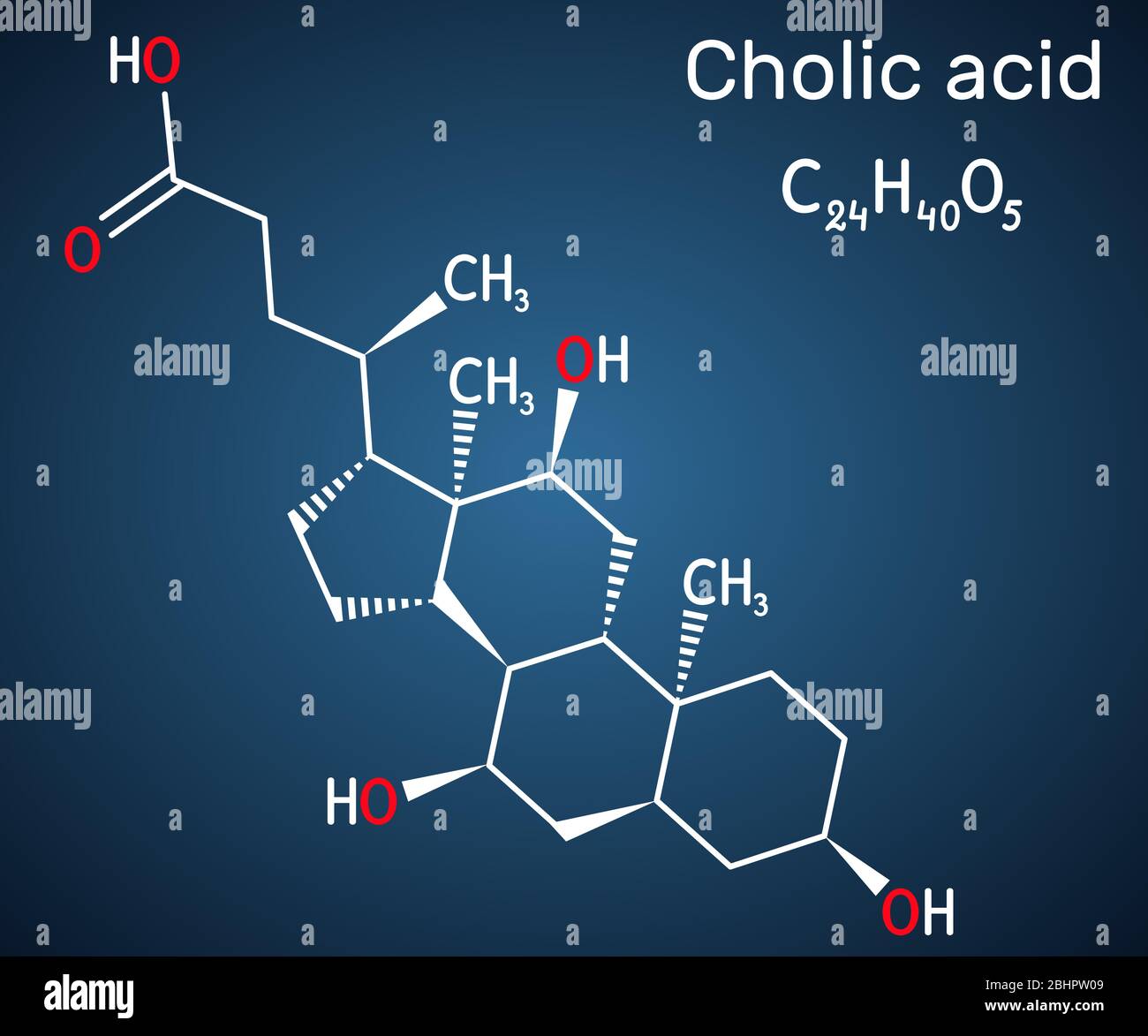 Cholic acid, C24H40O5 molecule. It is major primary bile acid produced ...