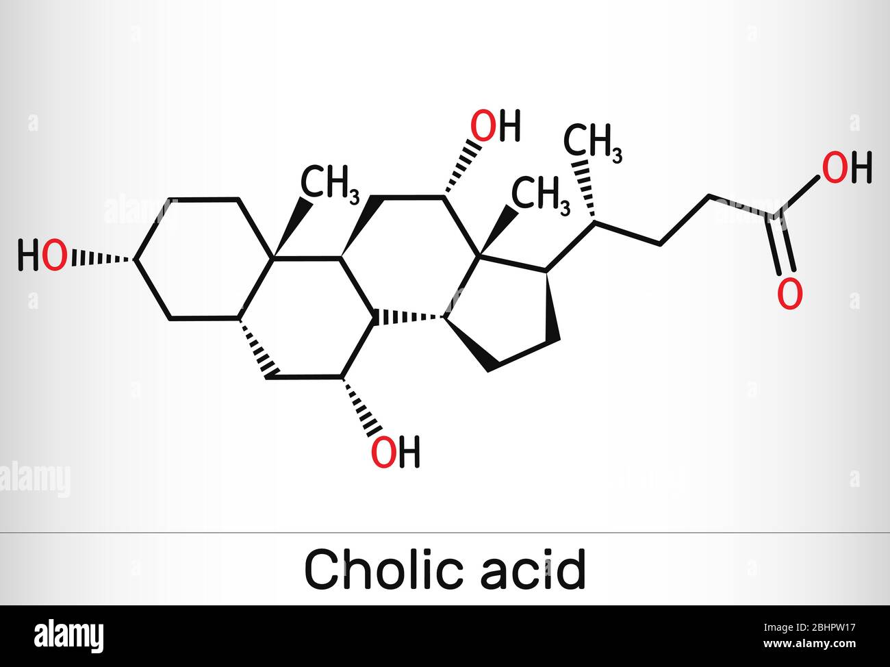 Cholic acid, C24H40O5 molecule. It is major primary bile acid produced ...