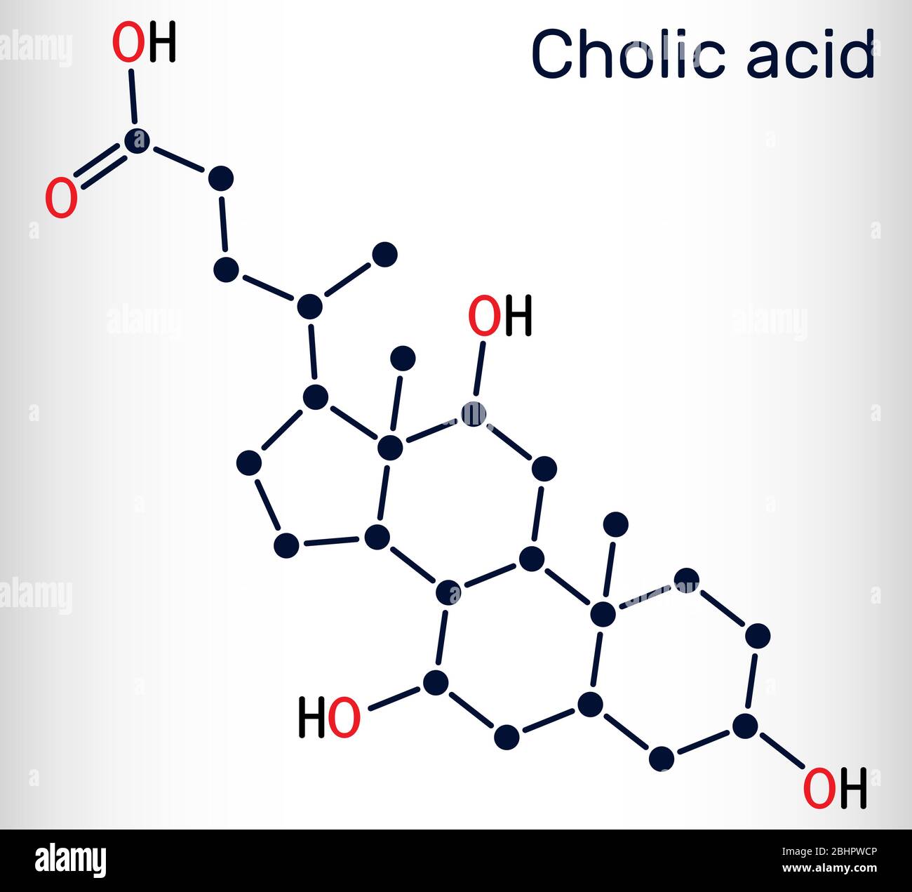 Cholic acid, C24H40O5 molecule. It is major primary bile acid produced ...