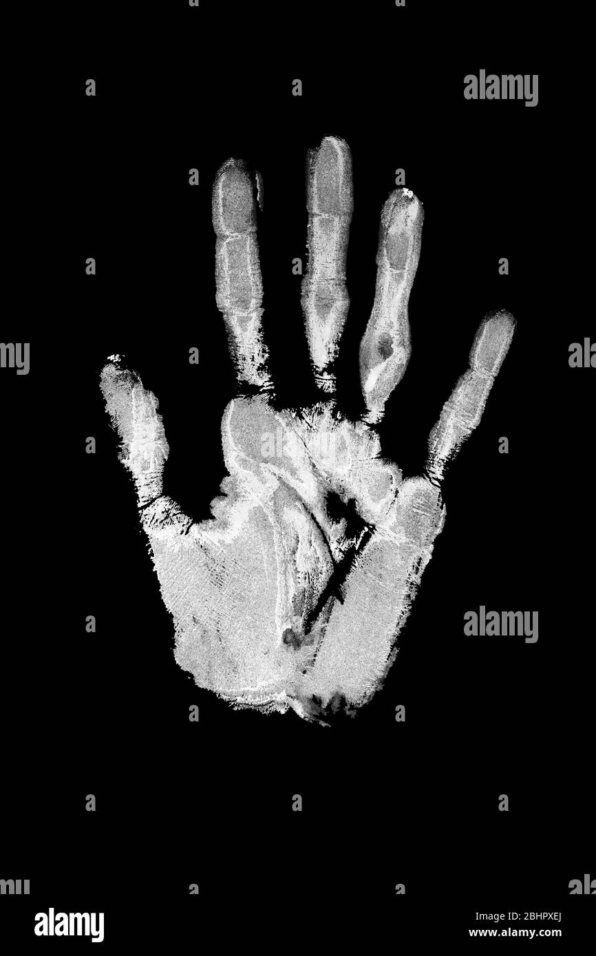 White watercolor print of human hand on black background isolated close ...