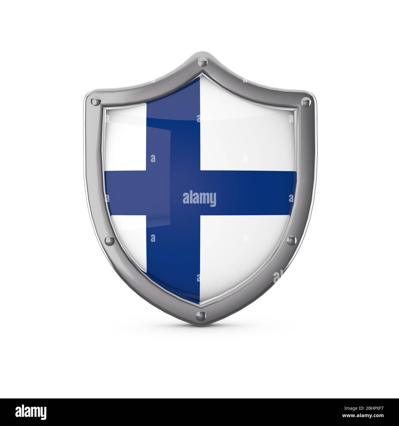 Finland security concept. Metal shield shape with national flag Stock ...