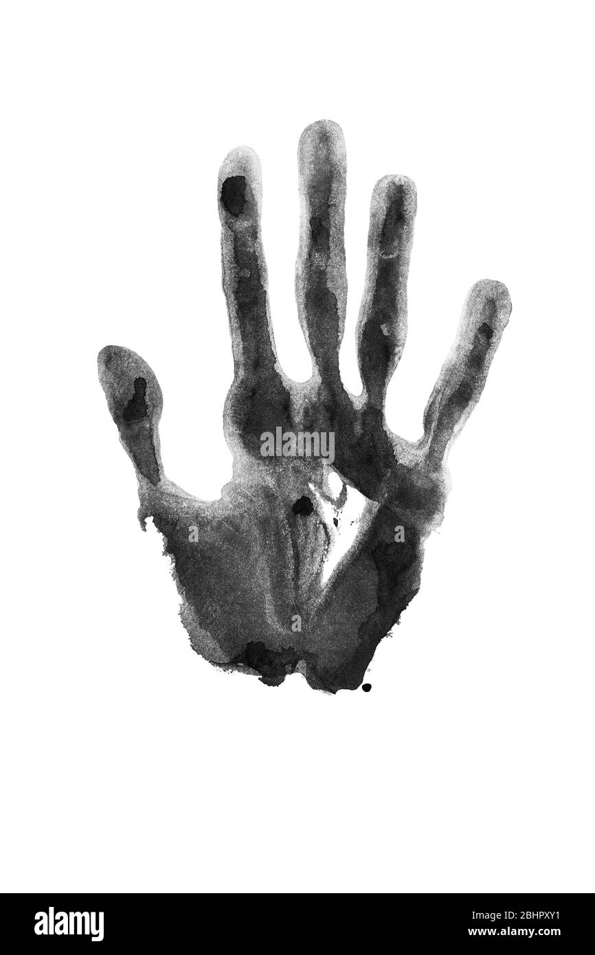 Black watercolor print of human hand on white background isolated ...