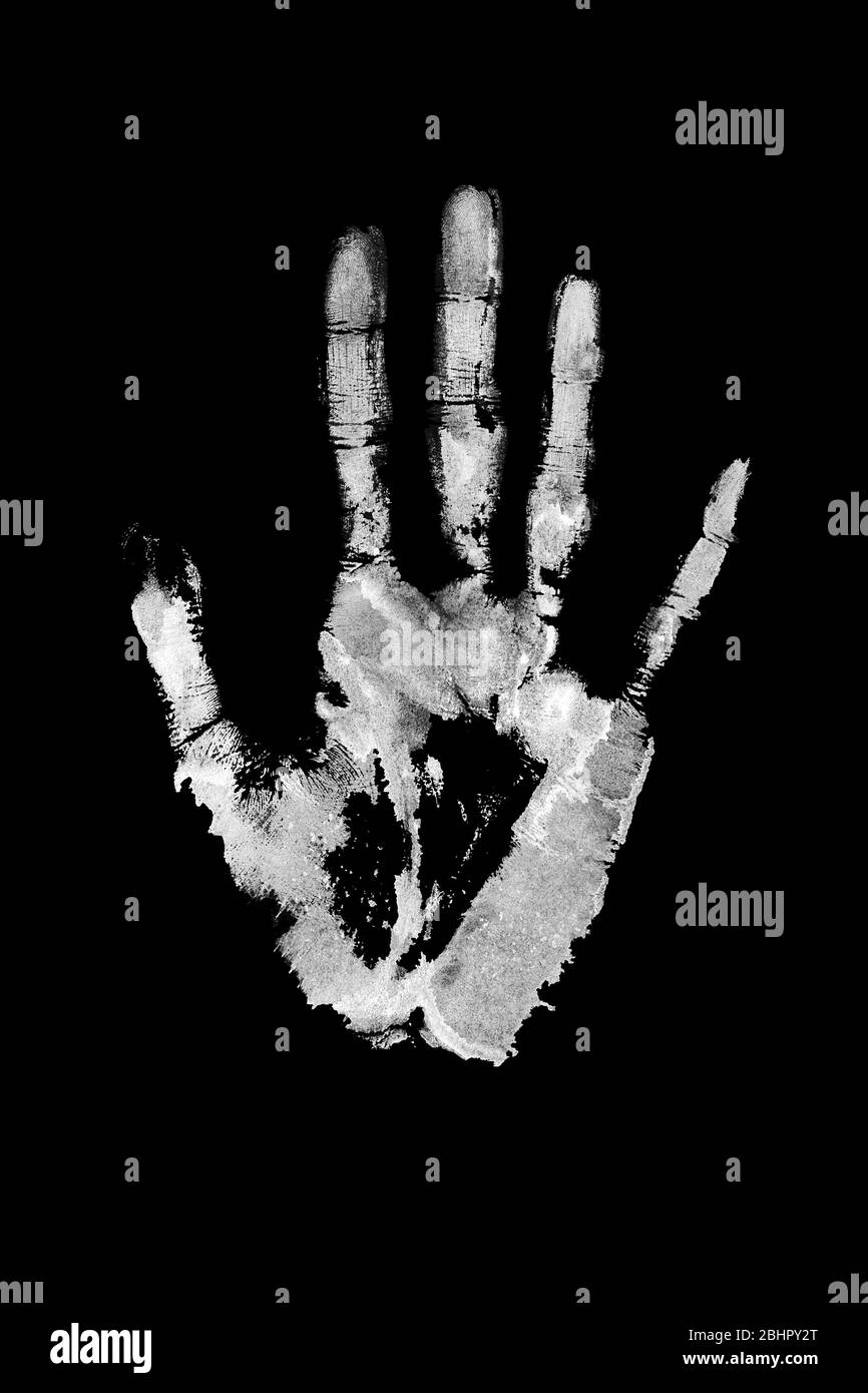 White watercolor print of human hand on black background isolated close ...