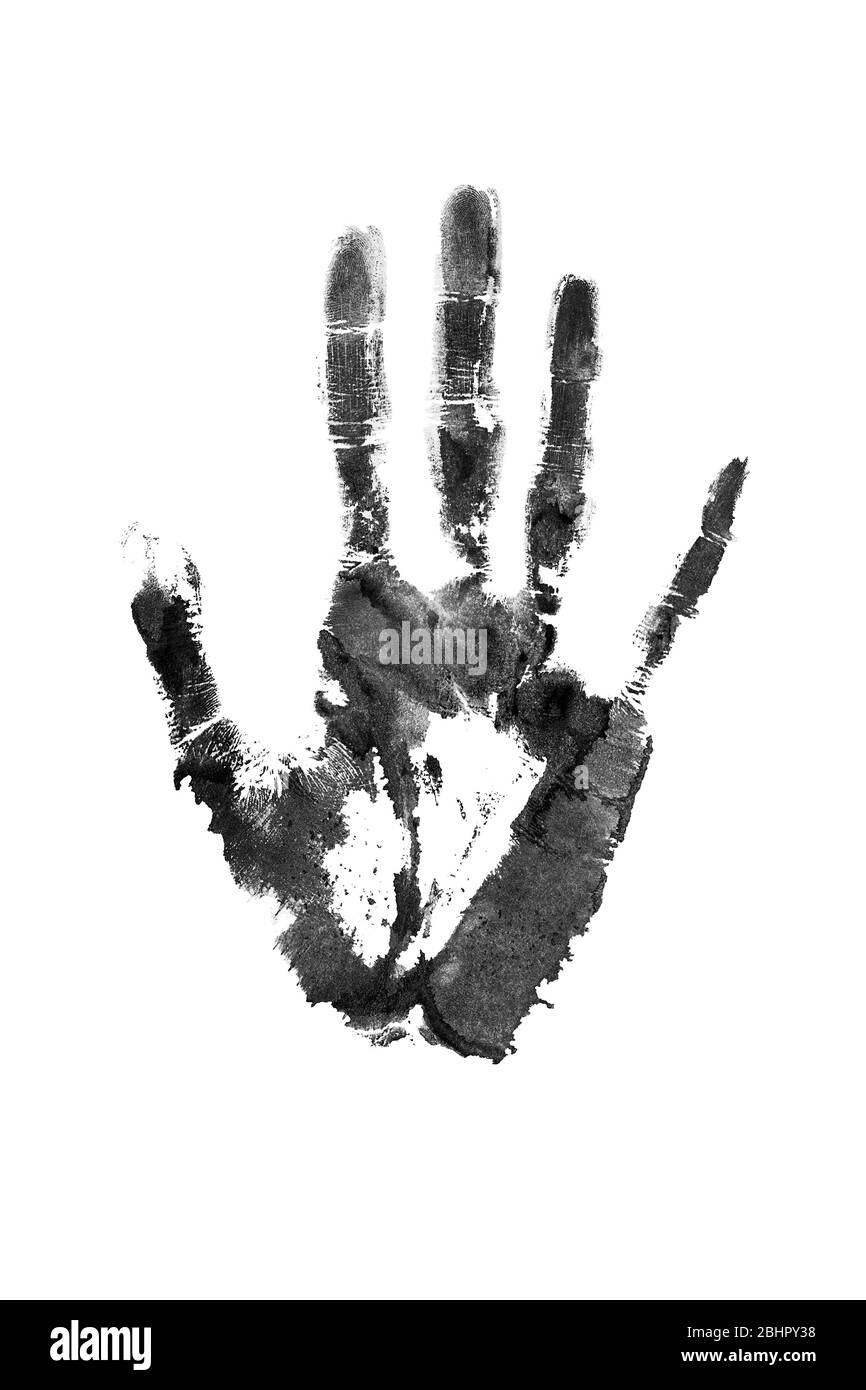 Black watercolor print of human hand on white background isolated ...