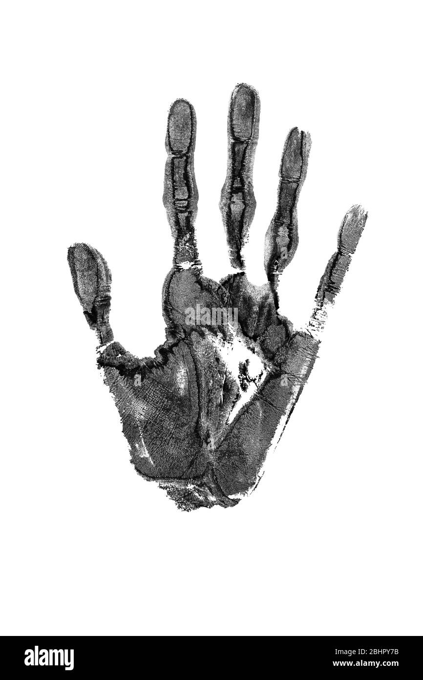 Black watercolor print of human hand on white background isolated ...
