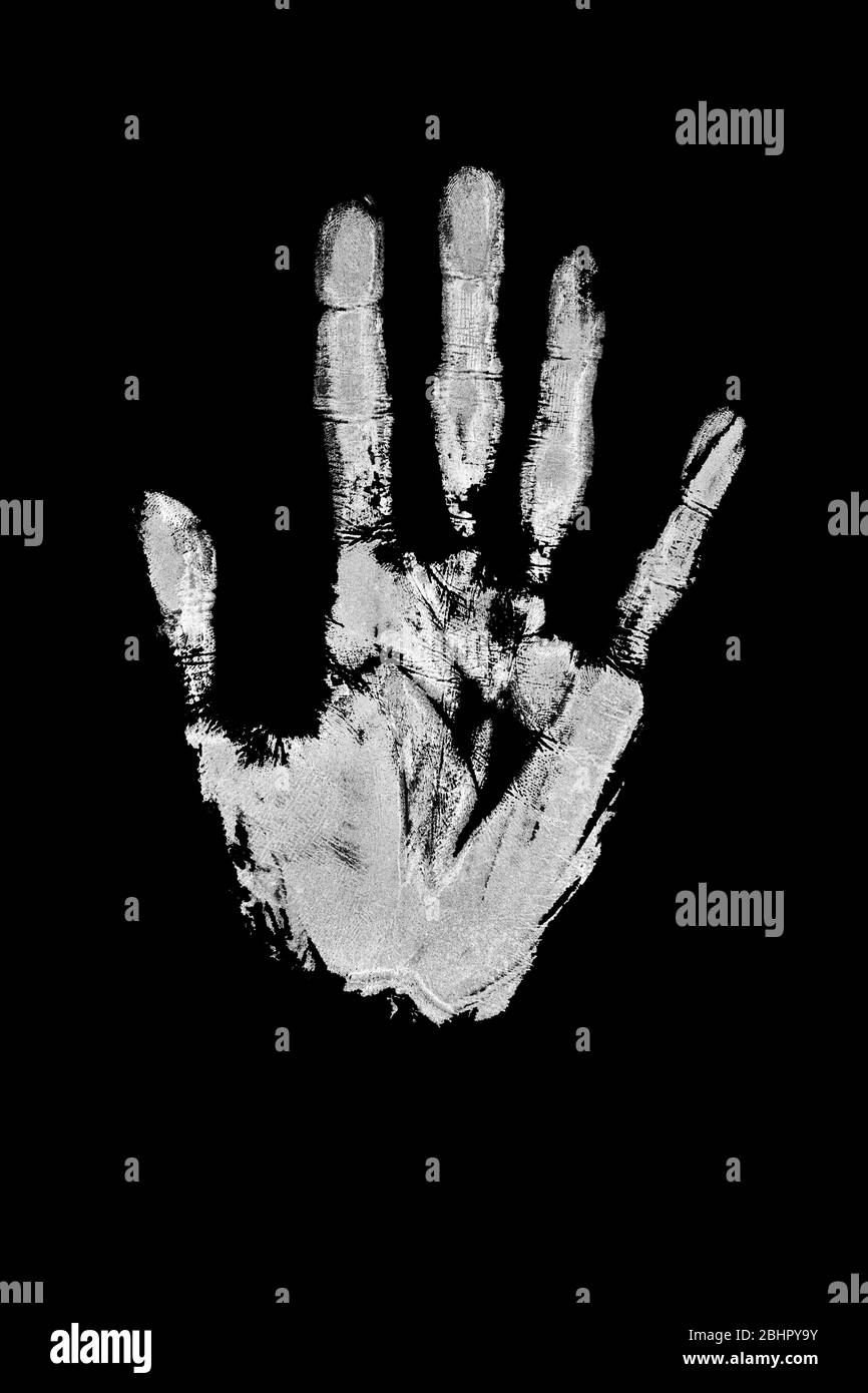White watercolor print of human hand on black background isolated close ...
