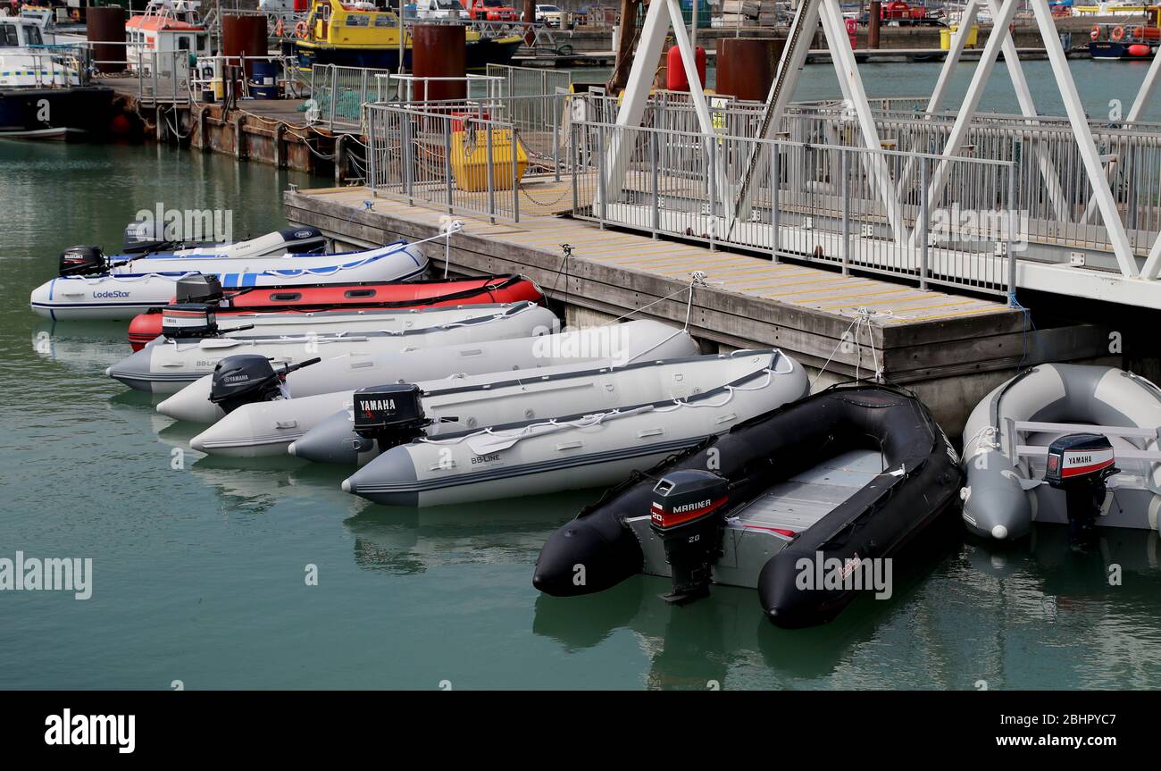 A view of dinghies tied up at The Port of Dover in Kent following being ...