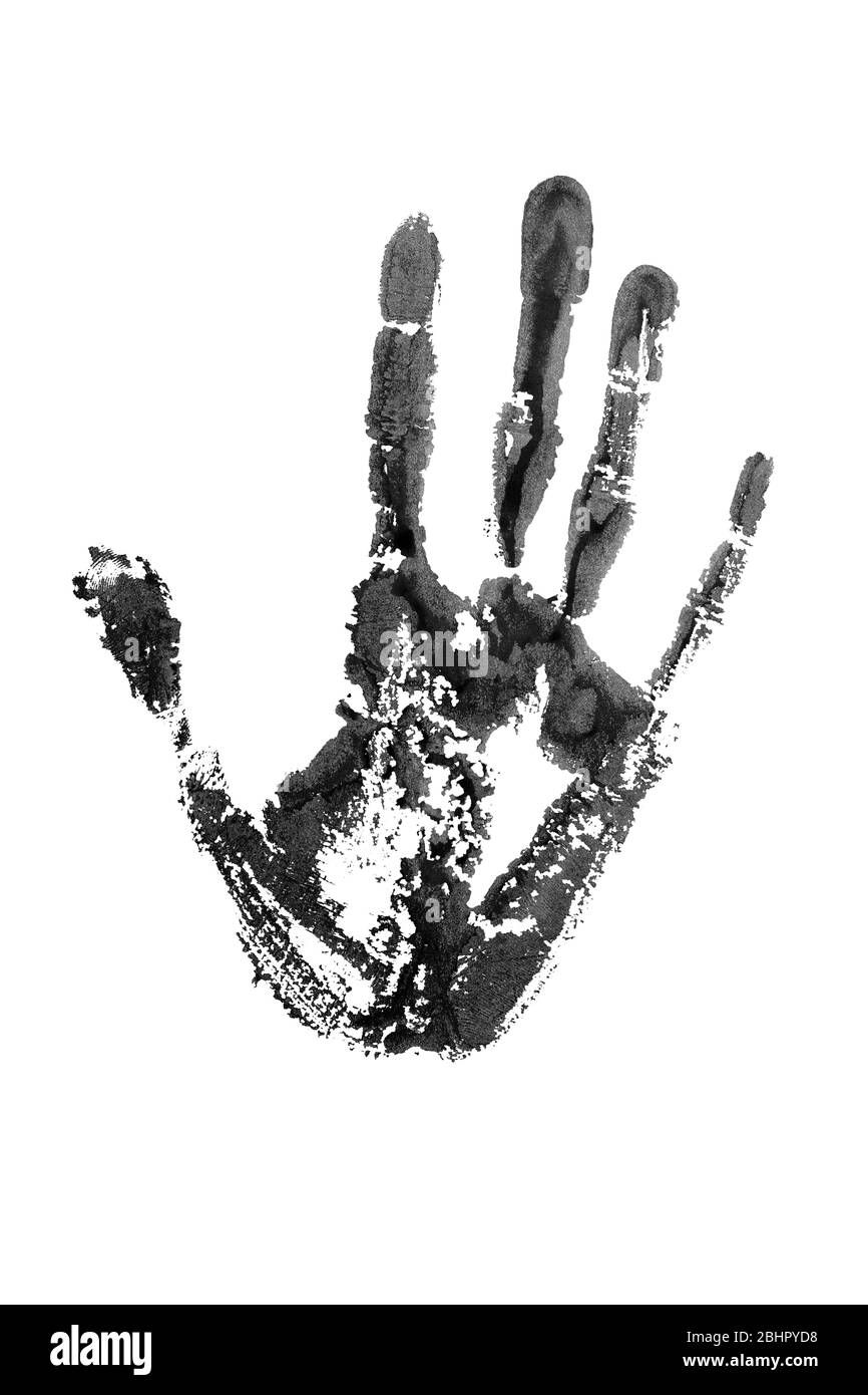 Black watercolor print of human hand on white background isolated ...
