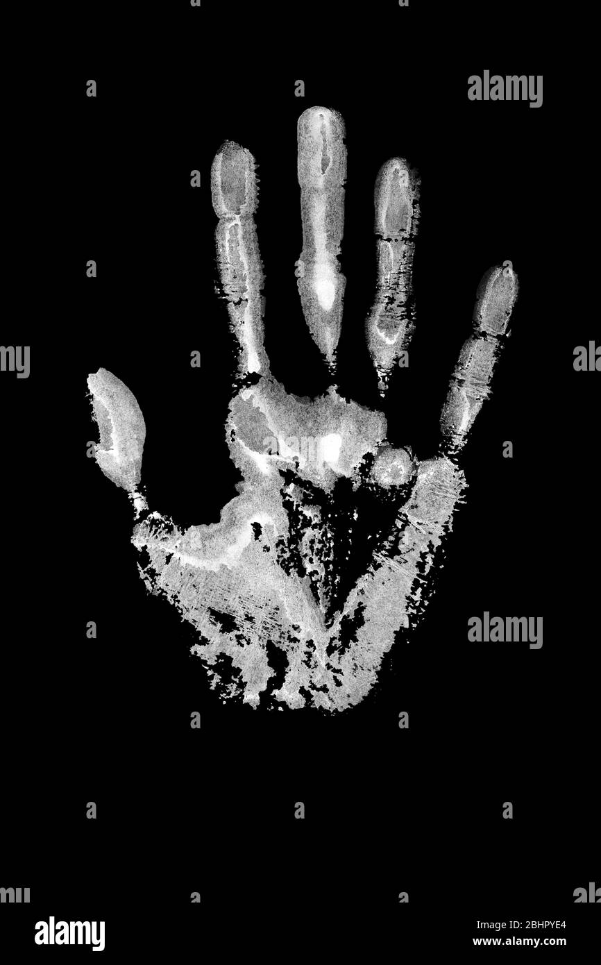 White watercolor print of human hand on black background isolated close ...