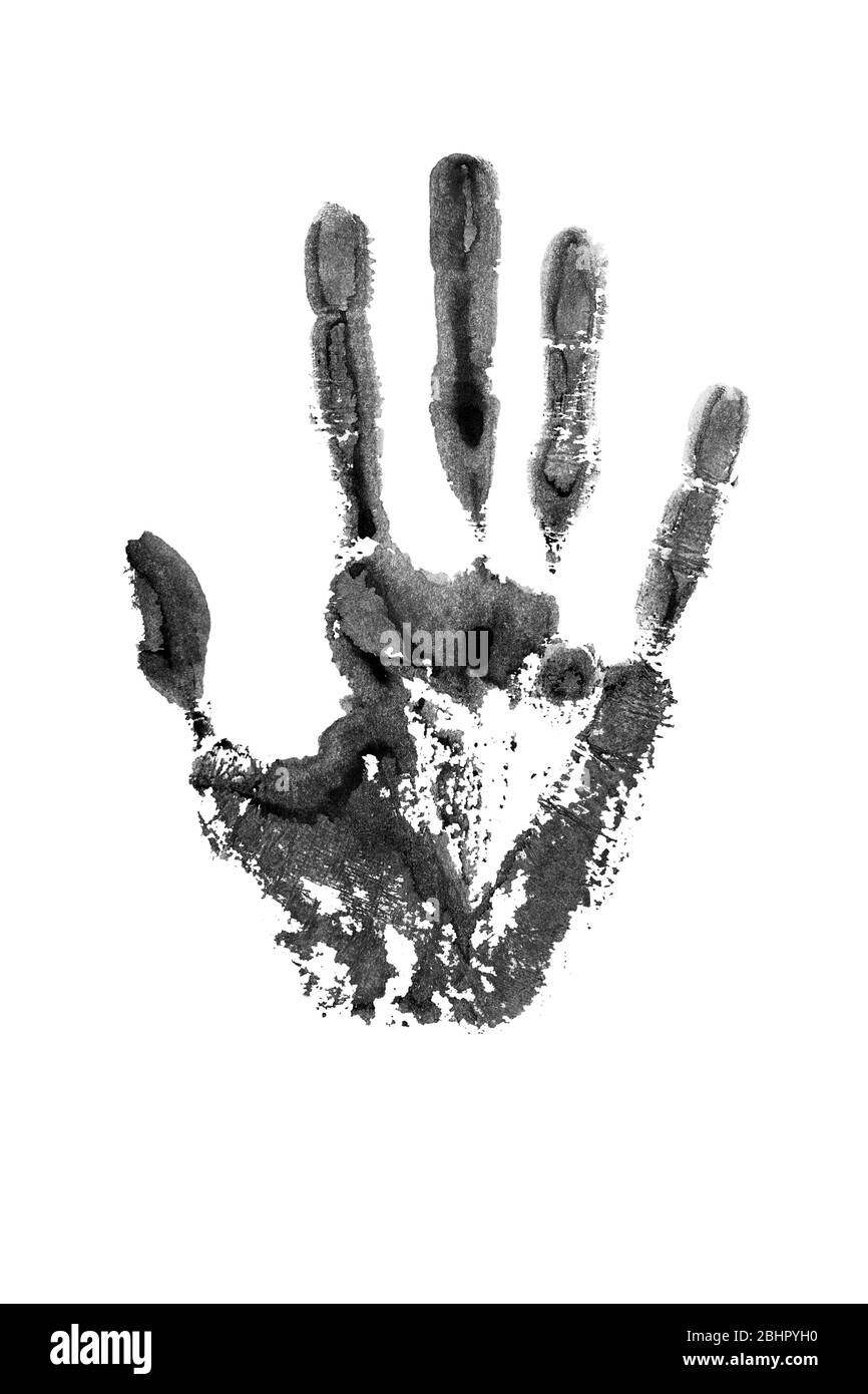 Black watercolor print of human hand on white background isolated ...