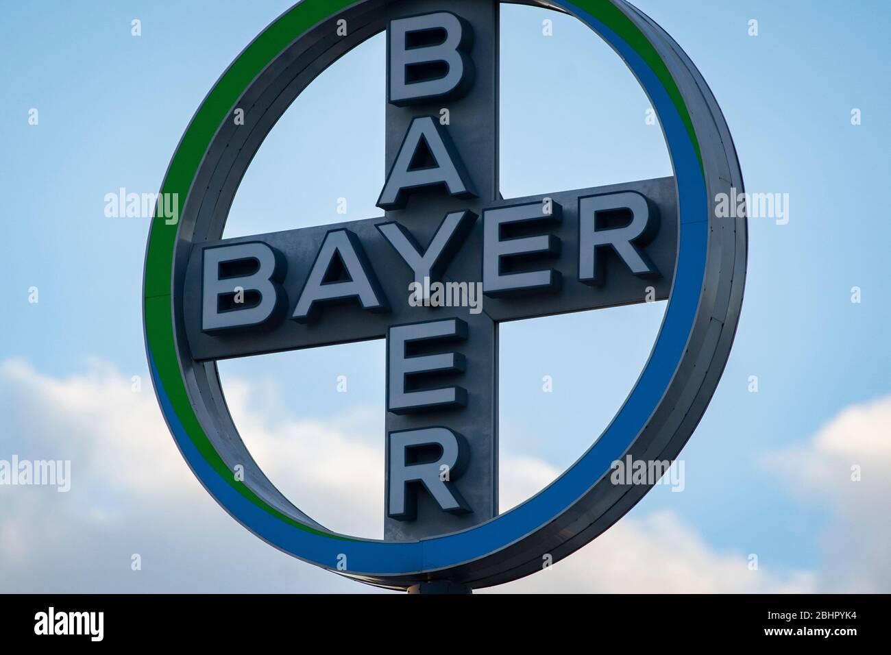 A spinning logo of German pharmaceutical company Bayer is seen on April ...