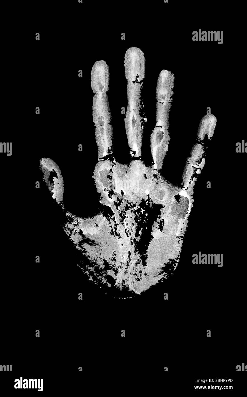 White watercolor print of human hand on black background isolated close ...