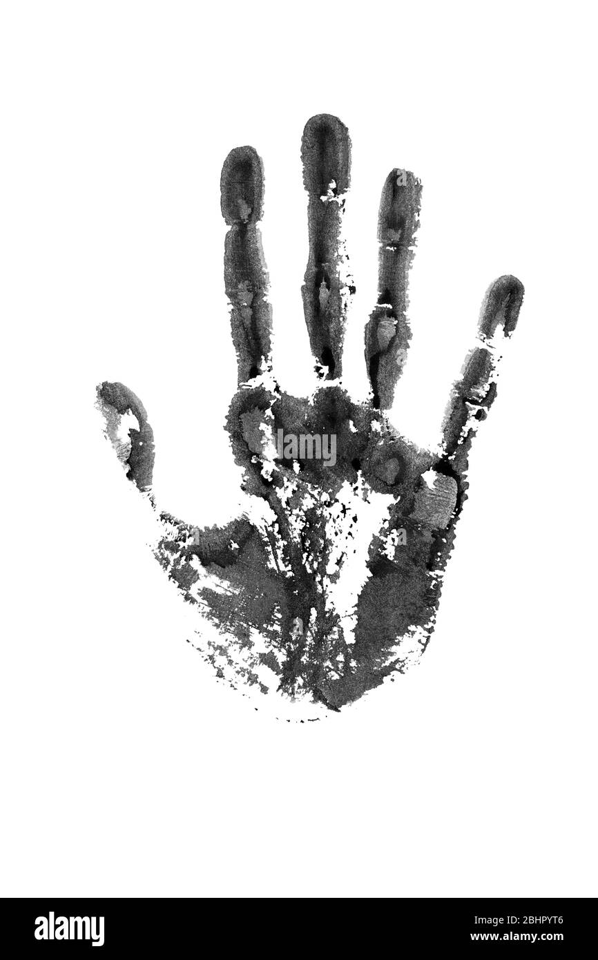 Black watercolor print of human hand on white background isolated ...
