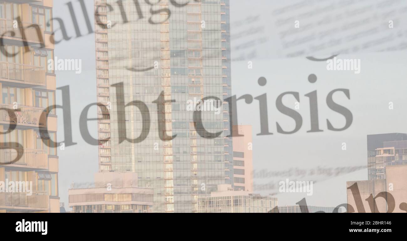 Digital illustration of newspaper headlines over a cityscape Stock ...