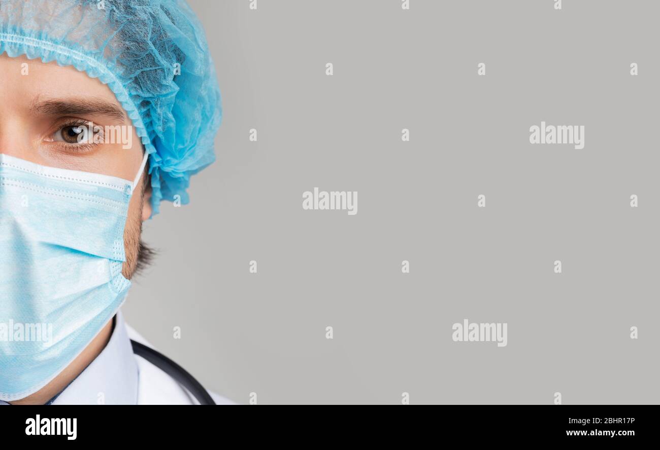 Half Face Portrait Of Confident Doctor In Mask And Hair Net Stock Photo ...