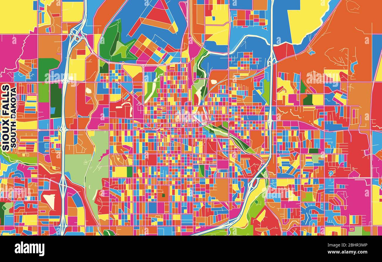 Colorful vector map of Sioux Falls, South Dakota, USA. Art Map template for selfprinting wall ...